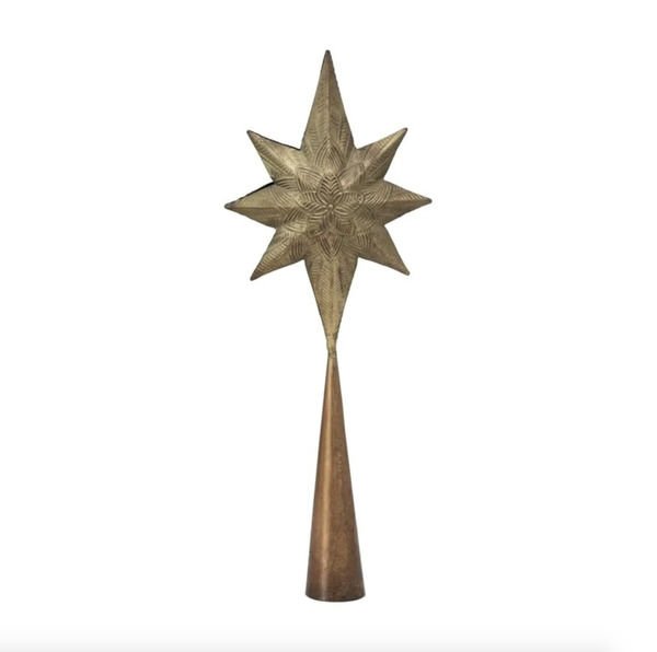 Hugo Embossed Antique Brass Metal Two-Sided Star Tree Topper
