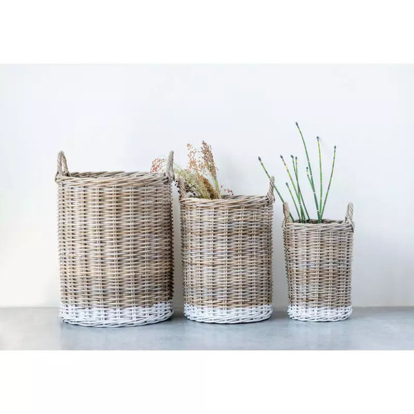 Wren Beige Rattan Baskets With White Dipped Base & Handles (Set Of 3 Sizes)