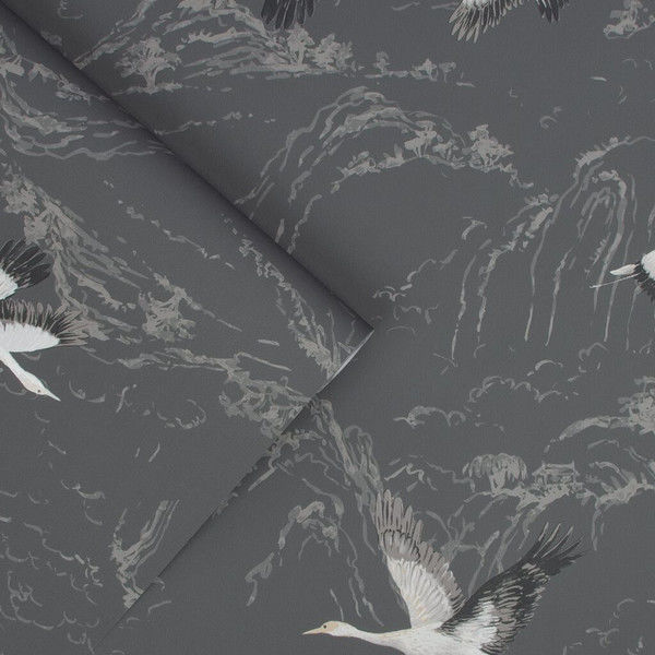 Laura Ashley Animalia Abstract Dark Steel Cranes & Clouds Wallpaper