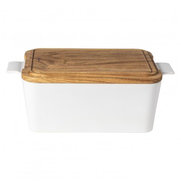 Ensemble Ceramic Stoneware Rectangle Bread Box with Oak Wood