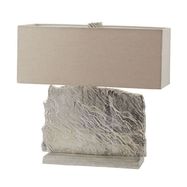 Slate Slab Table Lamp in Nickel With Natural Linen Shade